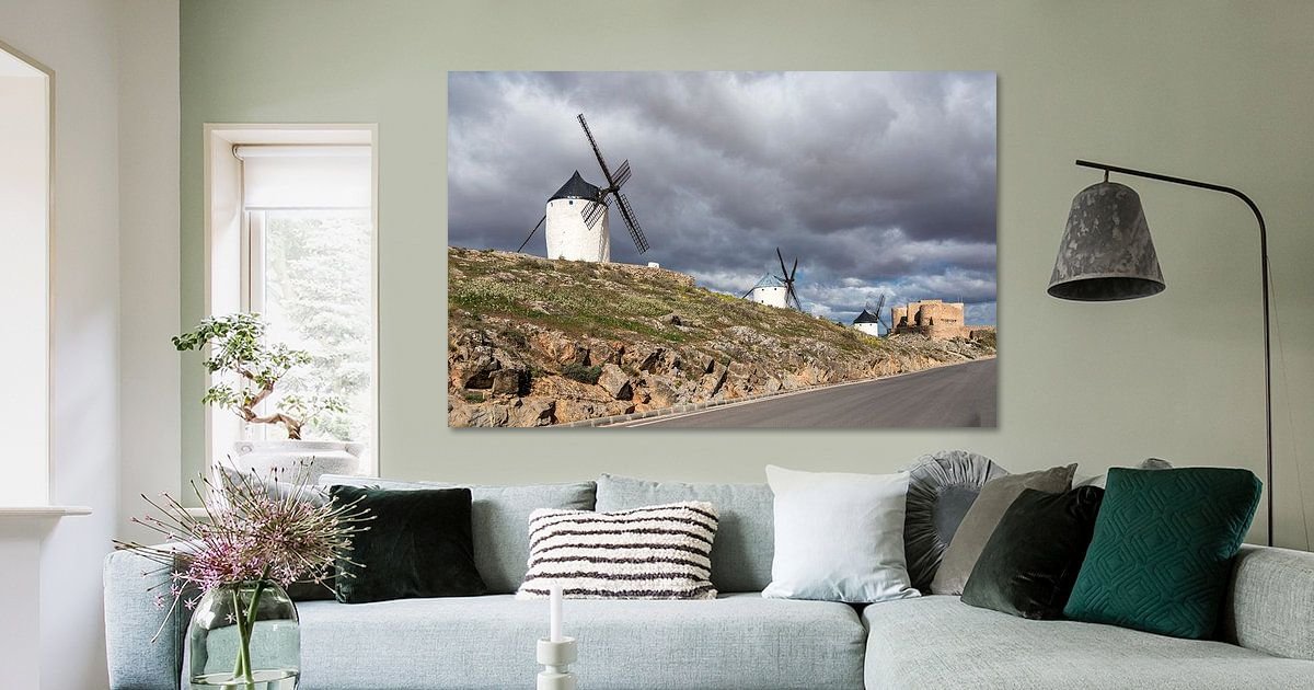 Don Quichot windmolens landschap in Spanje. van Carlos Charlez op canvas, behang en meer
